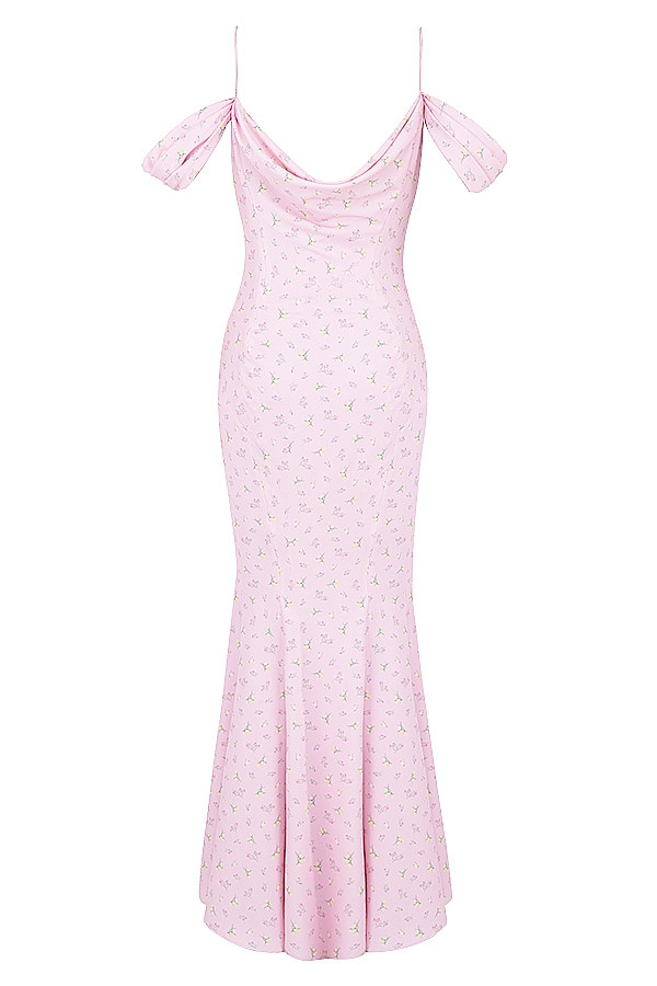 Clothing : Maxi Dresses : 'Elodie' Pink Floral Draped Maxi Dress